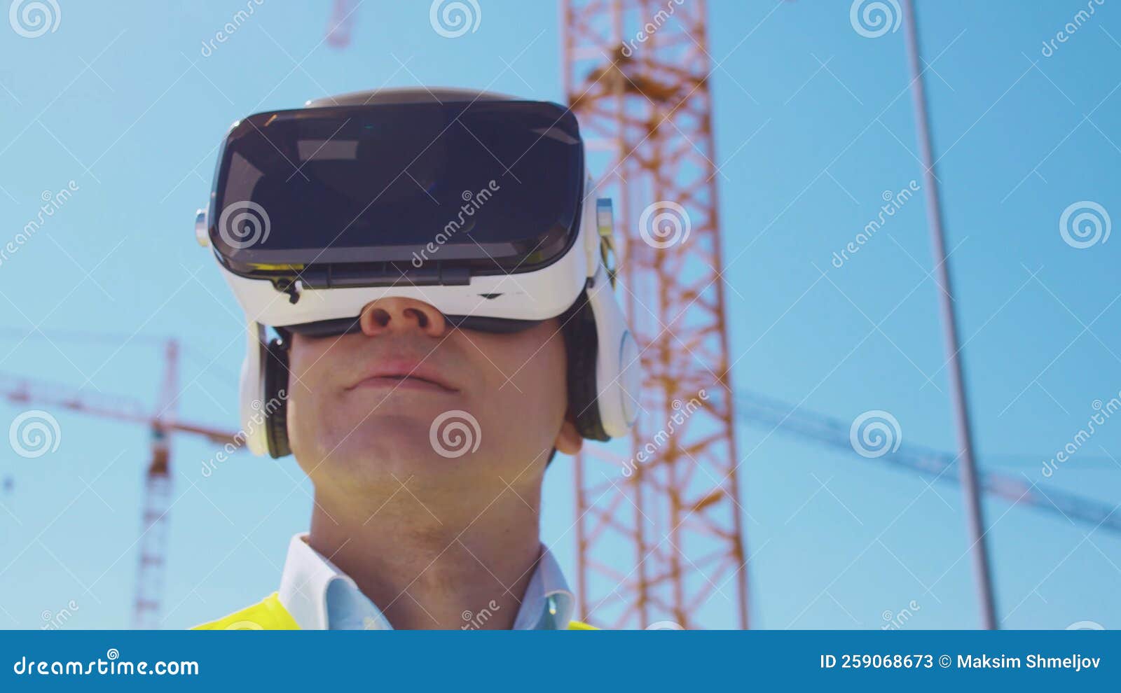 Professional Builder in VR Helmet Standing in Front of Construction ...