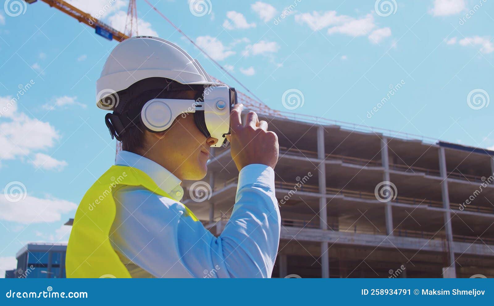 Professional Builder in VR Helmet Standing in Front of Construction ...