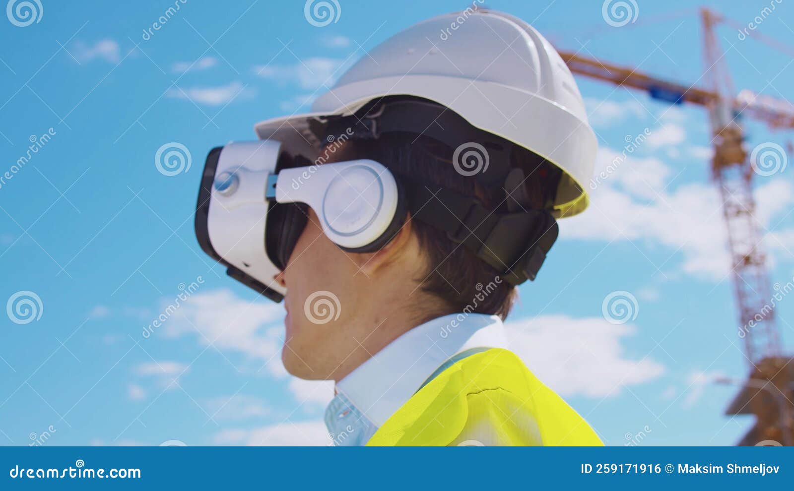 Professional Builder in VR Helmet Standing in Front of Construction ...