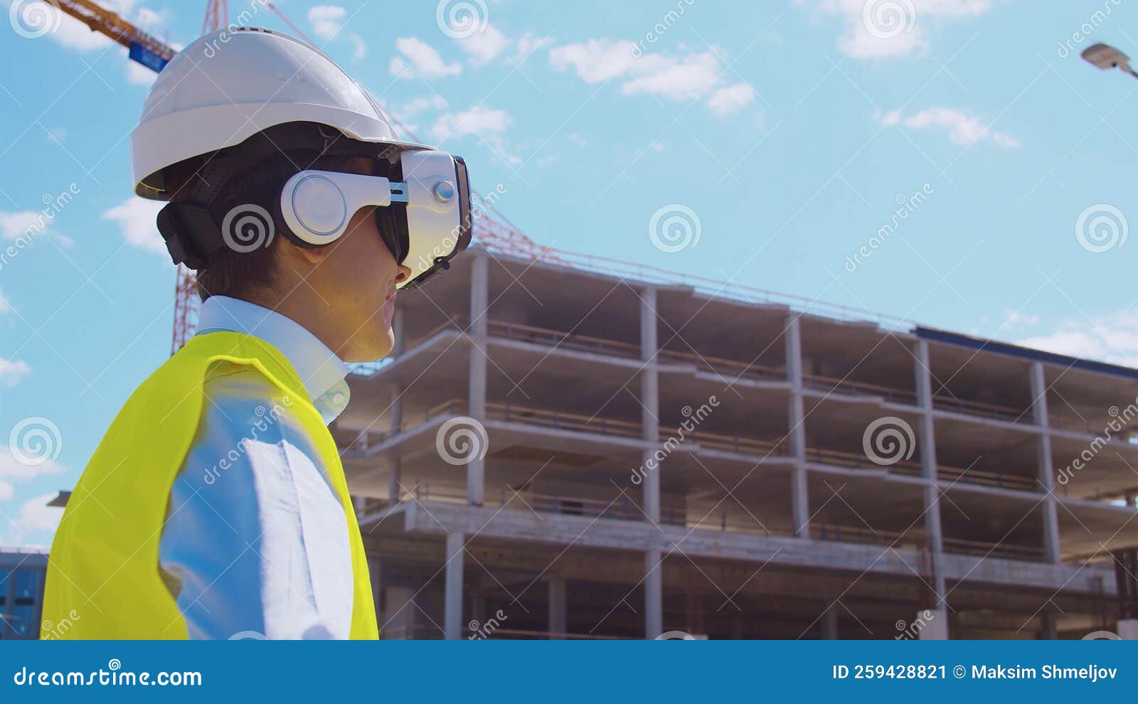 Professional Builder in VR Helmet Standing in Front of Construction ...