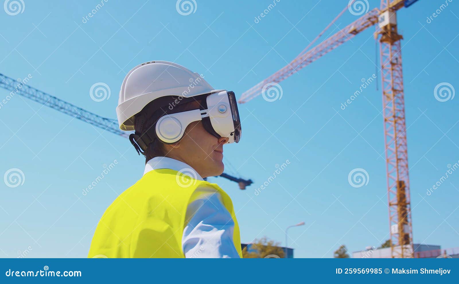 Professional Builder in VR Helmet Standing in Front of Construction ...