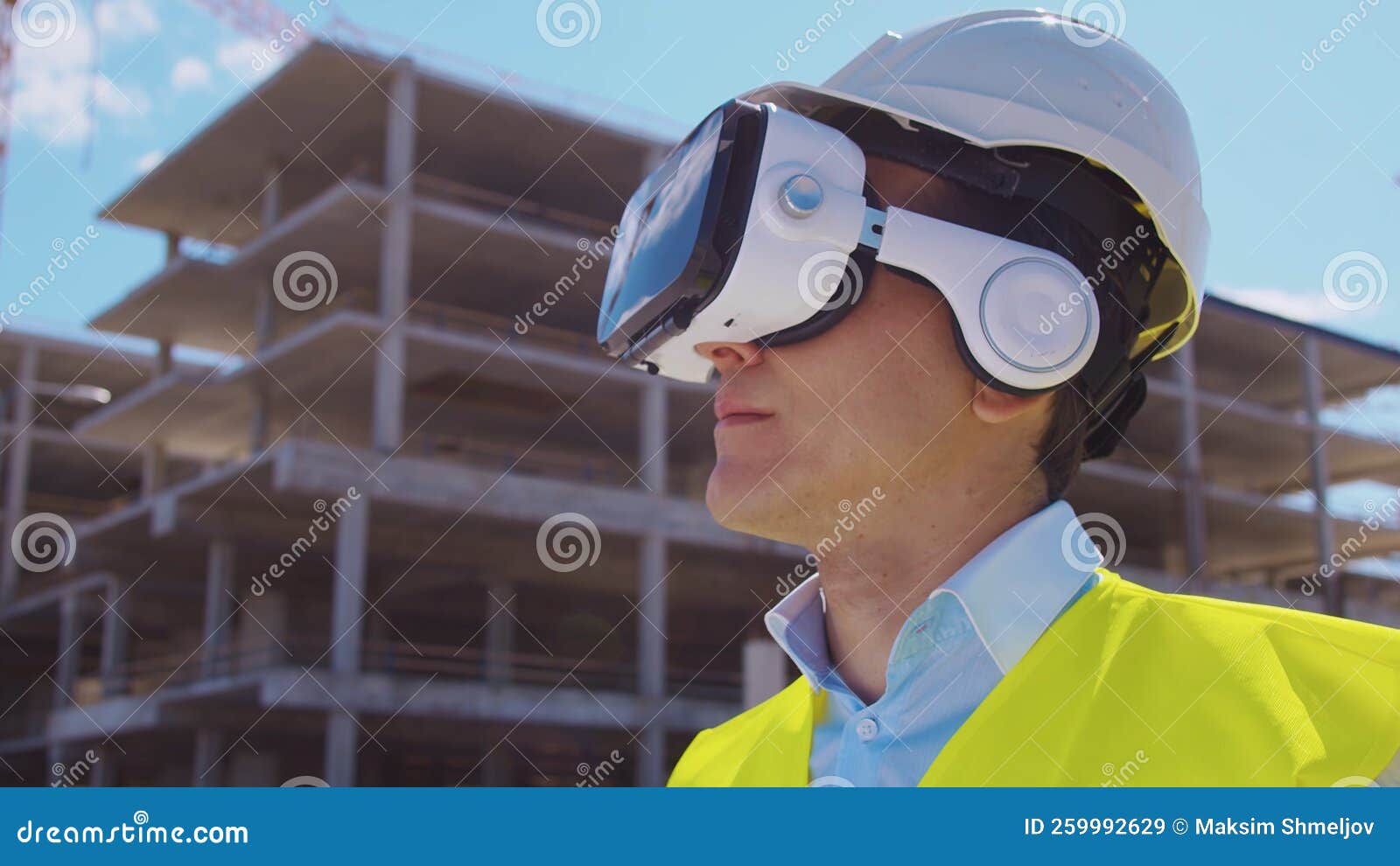 Professional Builder in VR Helmet Standing in Front of Construction ...