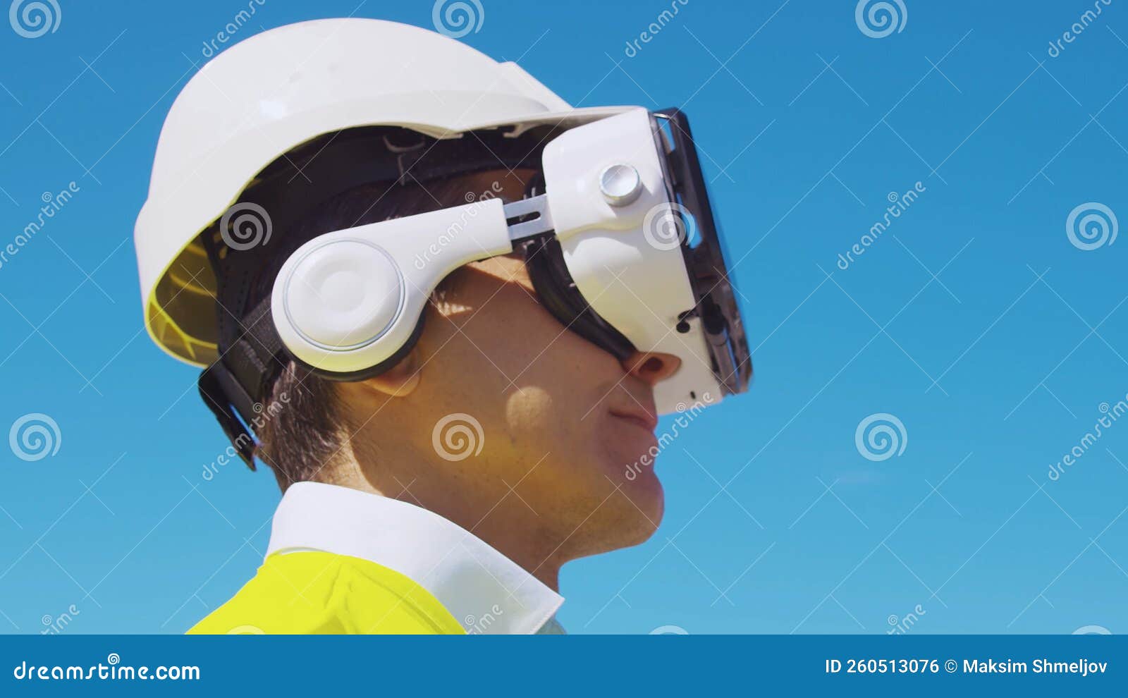 Professional Builder in VR Helmet Standing in Front of Construction ...