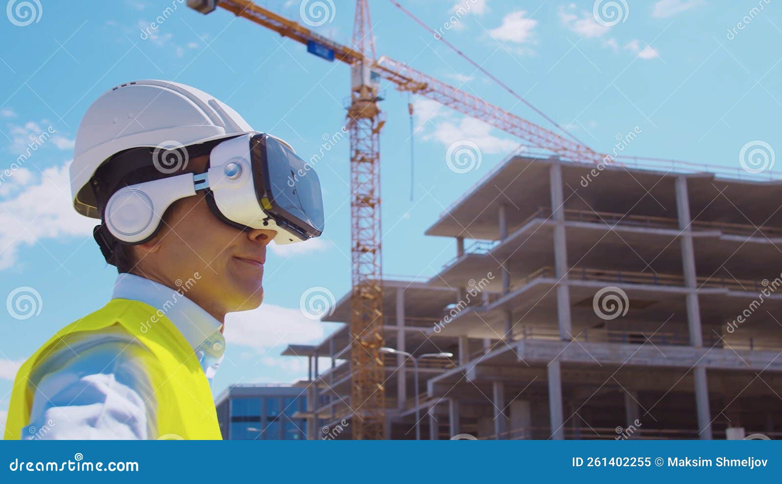 Professional Builder in VR Helmet Standing in Front of Construction ...