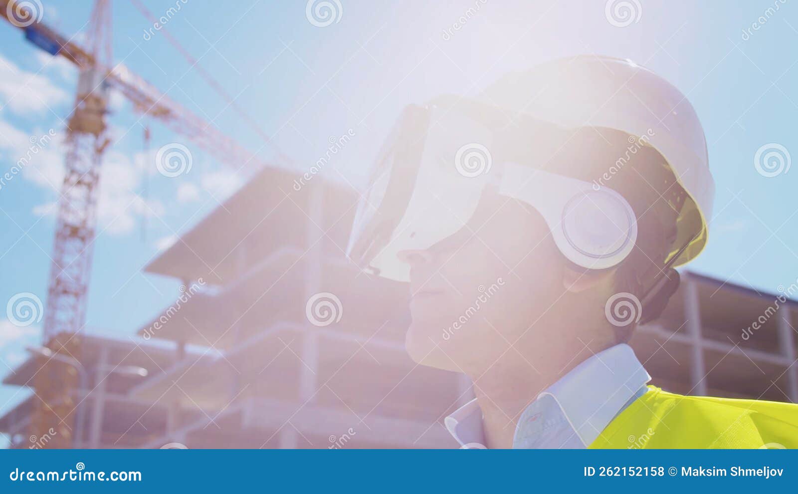 Professional Builder in VR Helmet Standing in Front of Construction ...