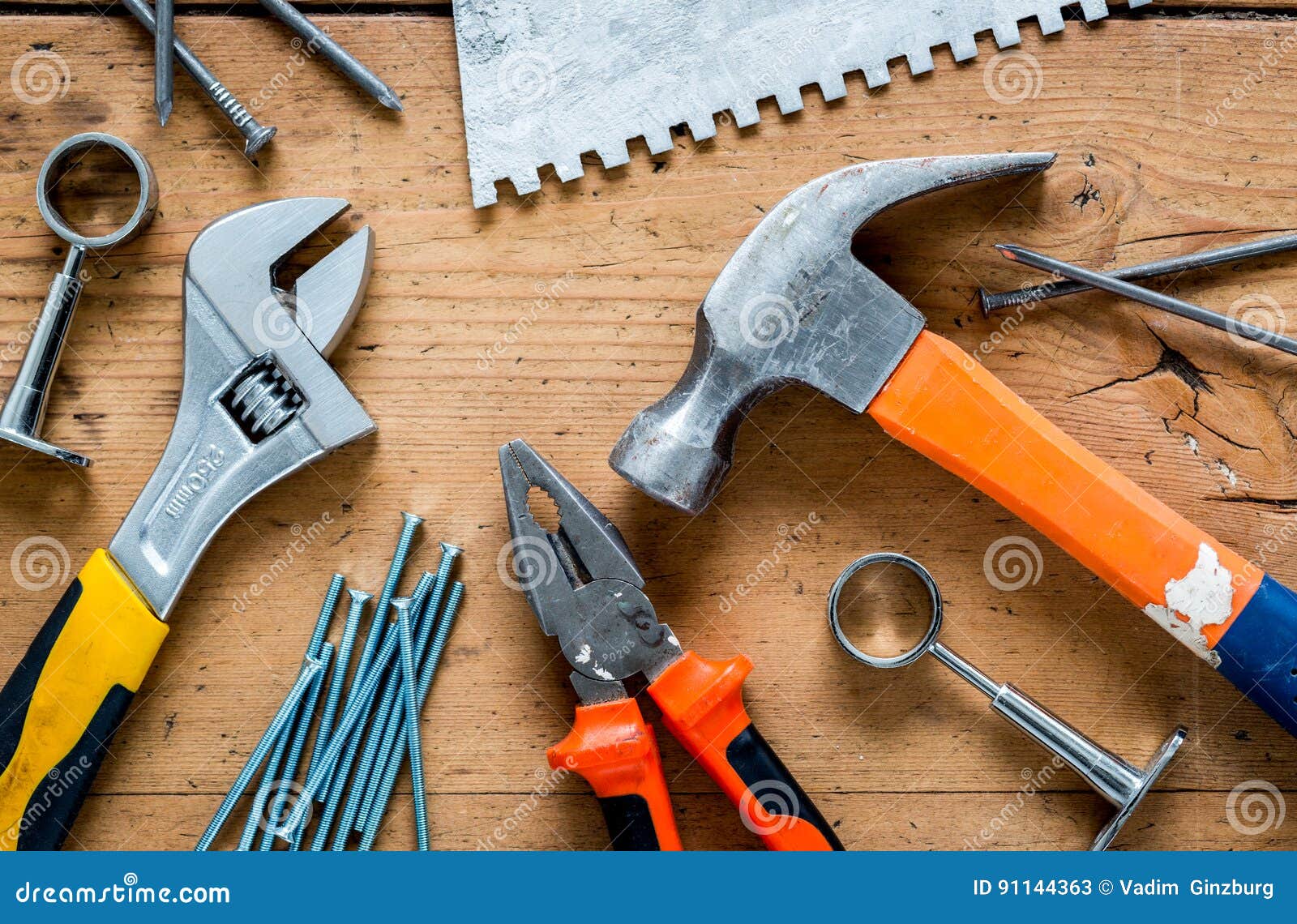 Professional Builder Work with House Renovation Instruments on Wooden ...