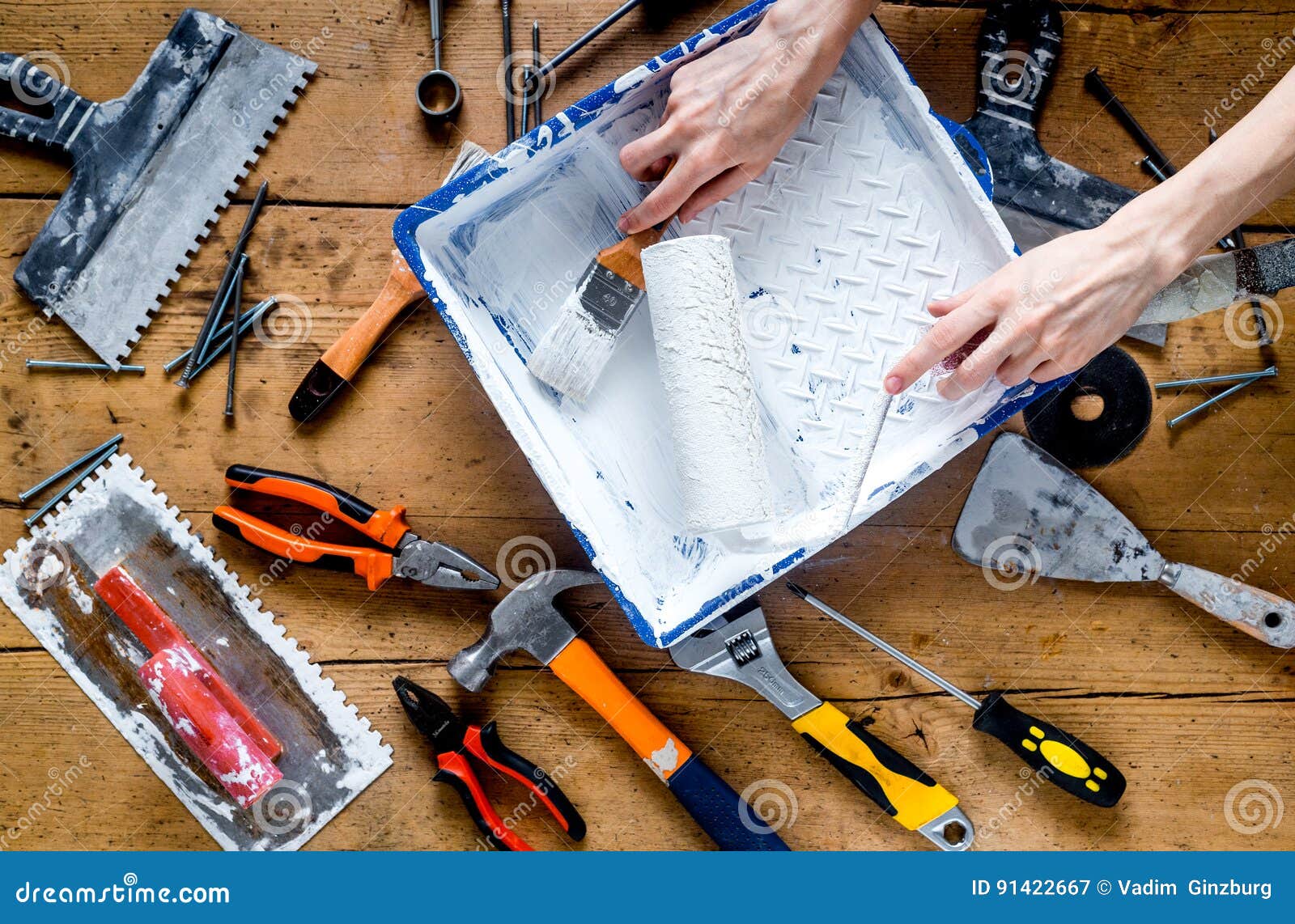 Professional Builder Work with House Renovation Instruments on Wooden ...