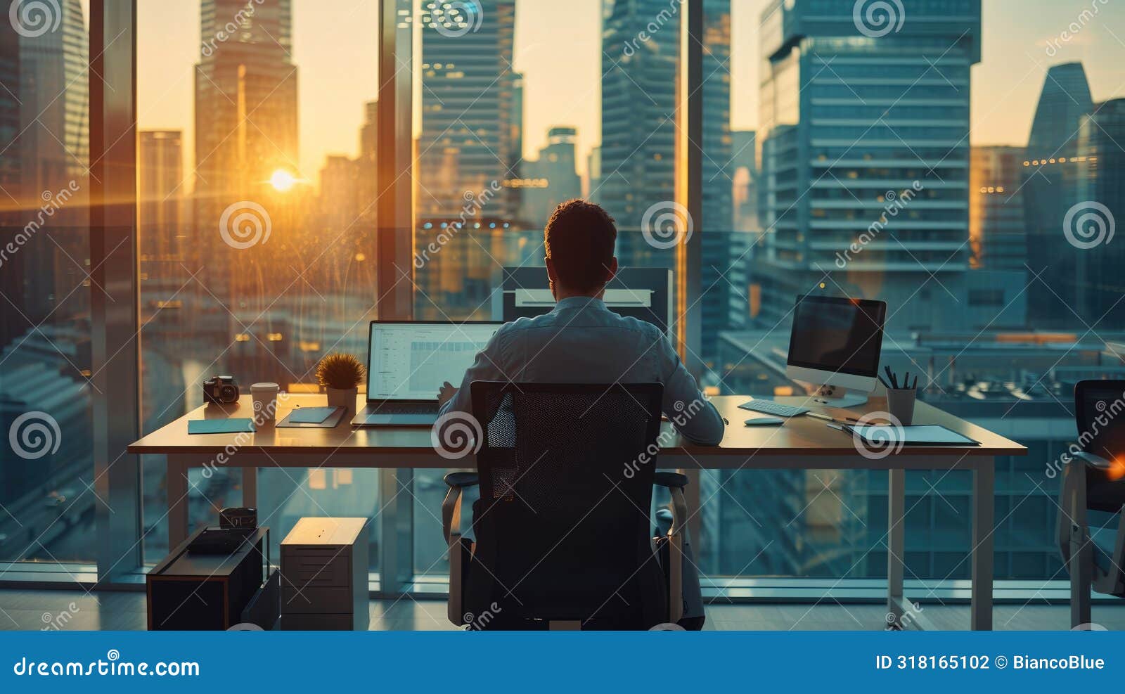 Back View of Business Man Working while Using Computer at Night Office ...