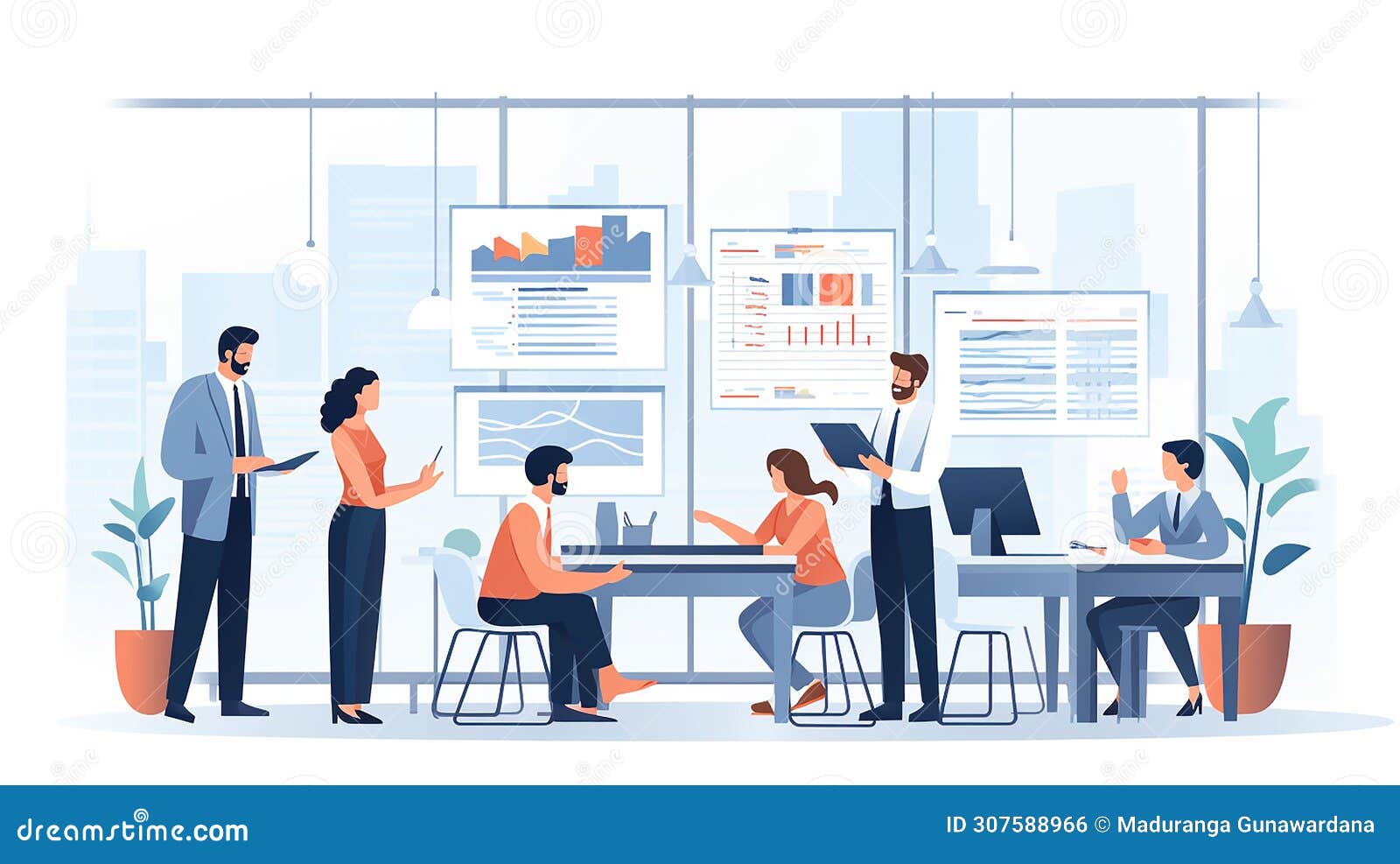 Professional Business Team Analyzing Graphs in Office Vector Cartoon ...