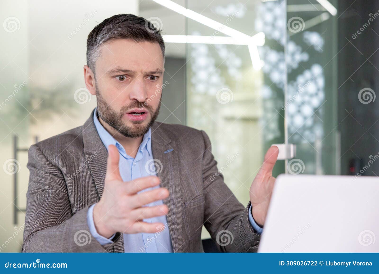 Professional Businessman in Discussion Gesturing at Laptop in Office ...