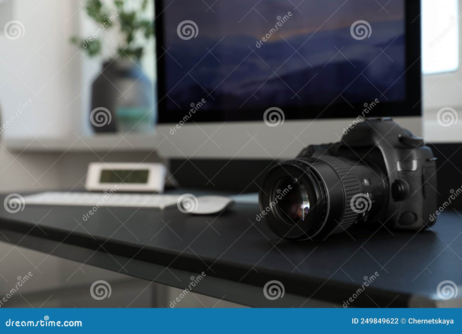 Professional Camera and Computer on Table in Photo Studio, Space for ...