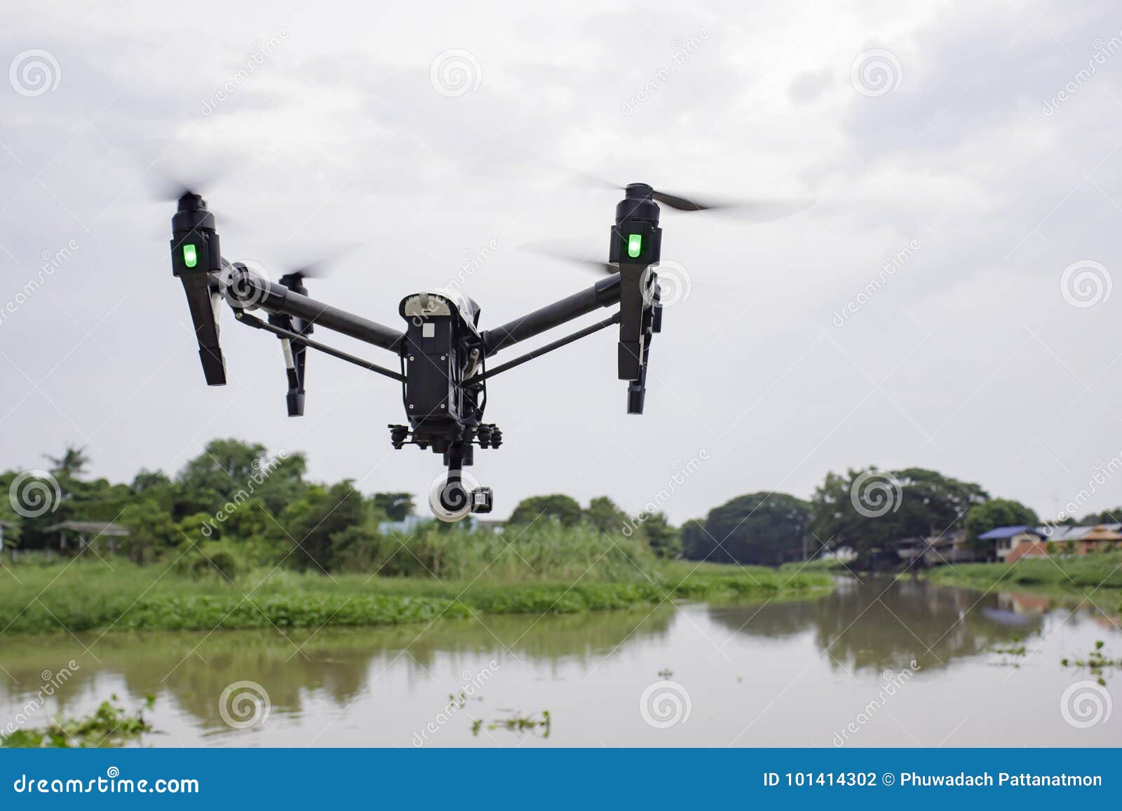Professional Camera Drone Flying on River and Sky. Stock Photo - Image ...