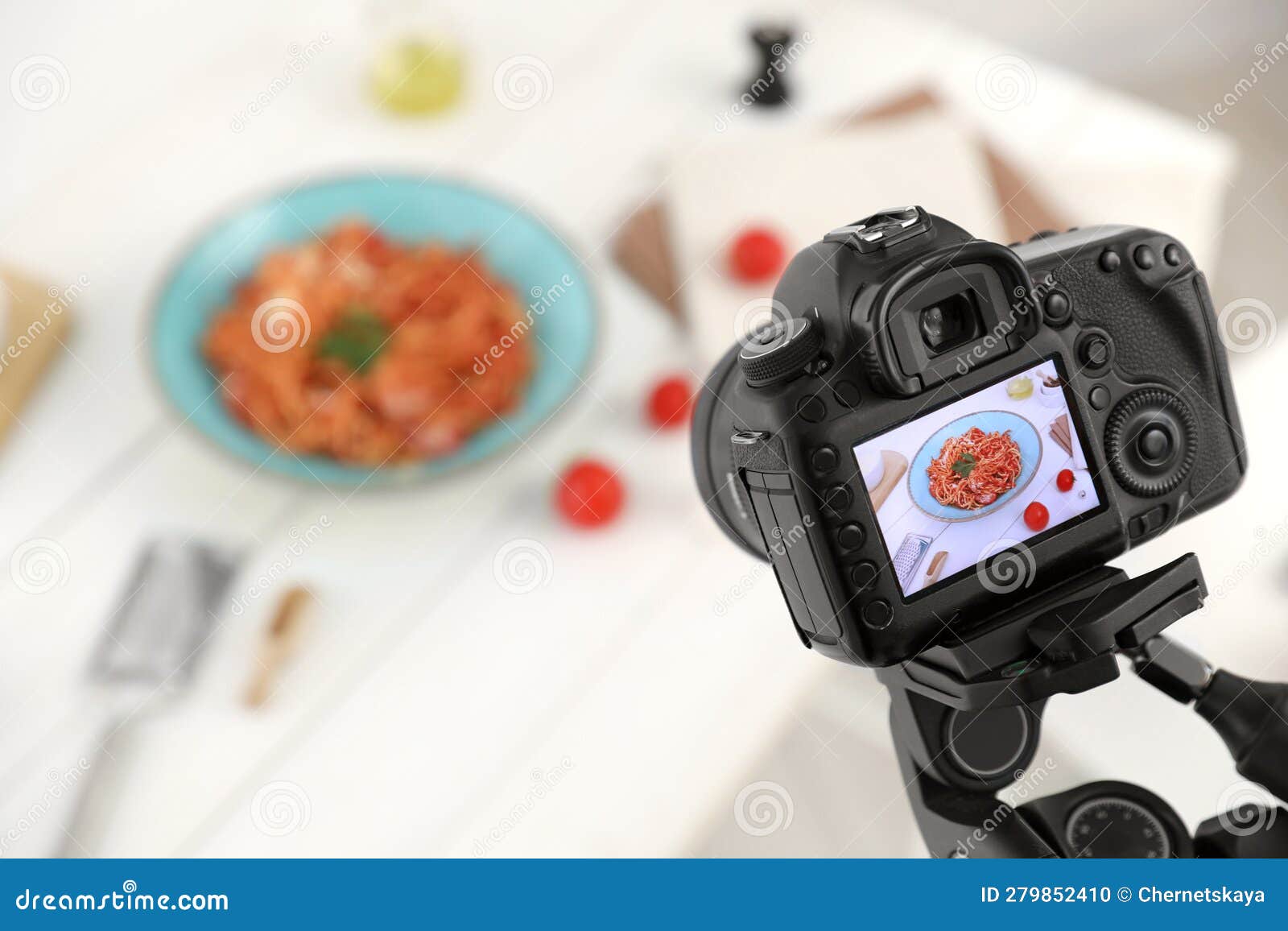 Professional Camera with Picture of Spaghetti on Display in Studio ...