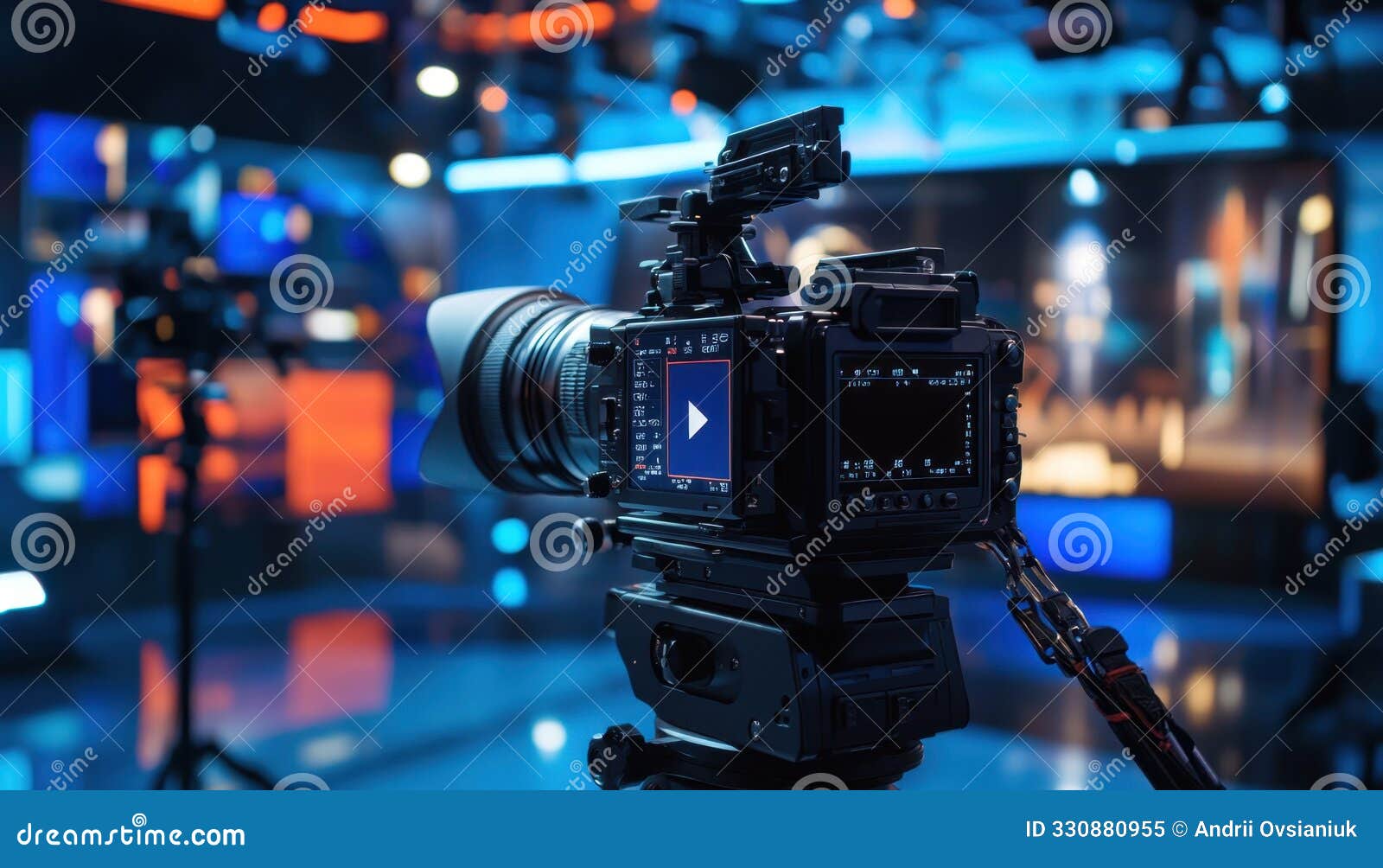 Professional Camera Setup in a Modern Studio with Blue Lighting during ...