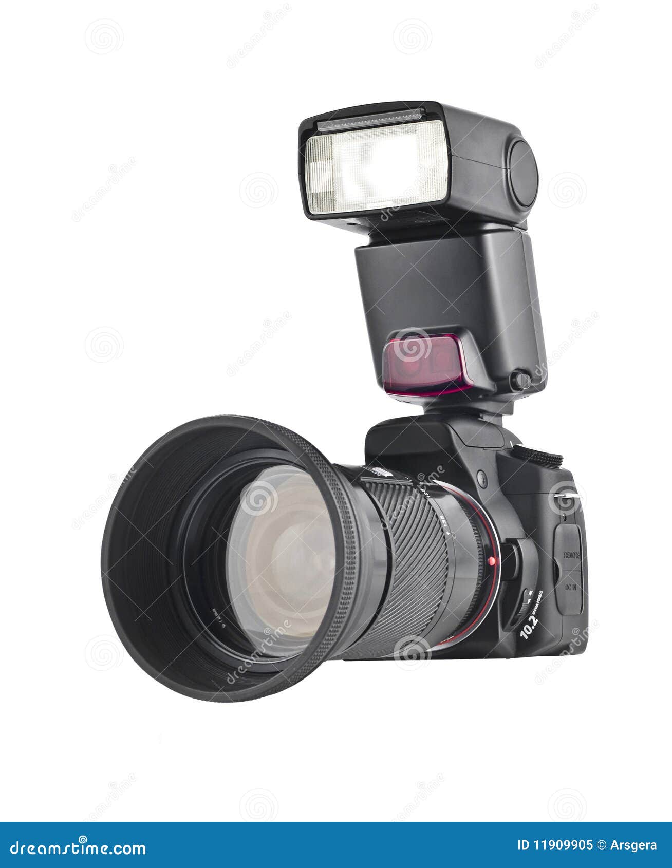 Professional Camera with Telephoto Lens and Flash Stock Image - Image ...