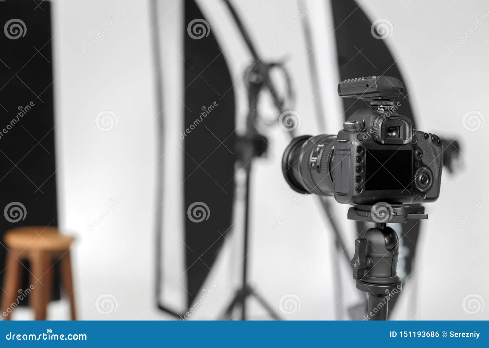 Professional Camera on Tripod in Photo Studio Stock Photo - Image of ...