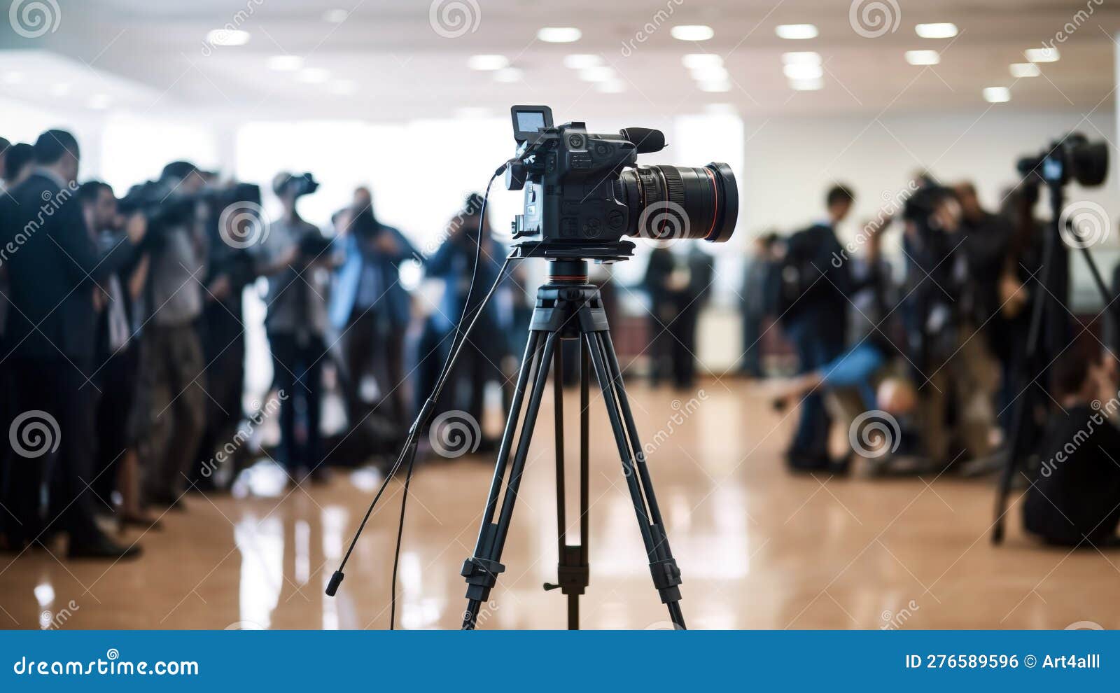 A Professional Camera on a Tripod Set Up in Front of a Press Conference ...