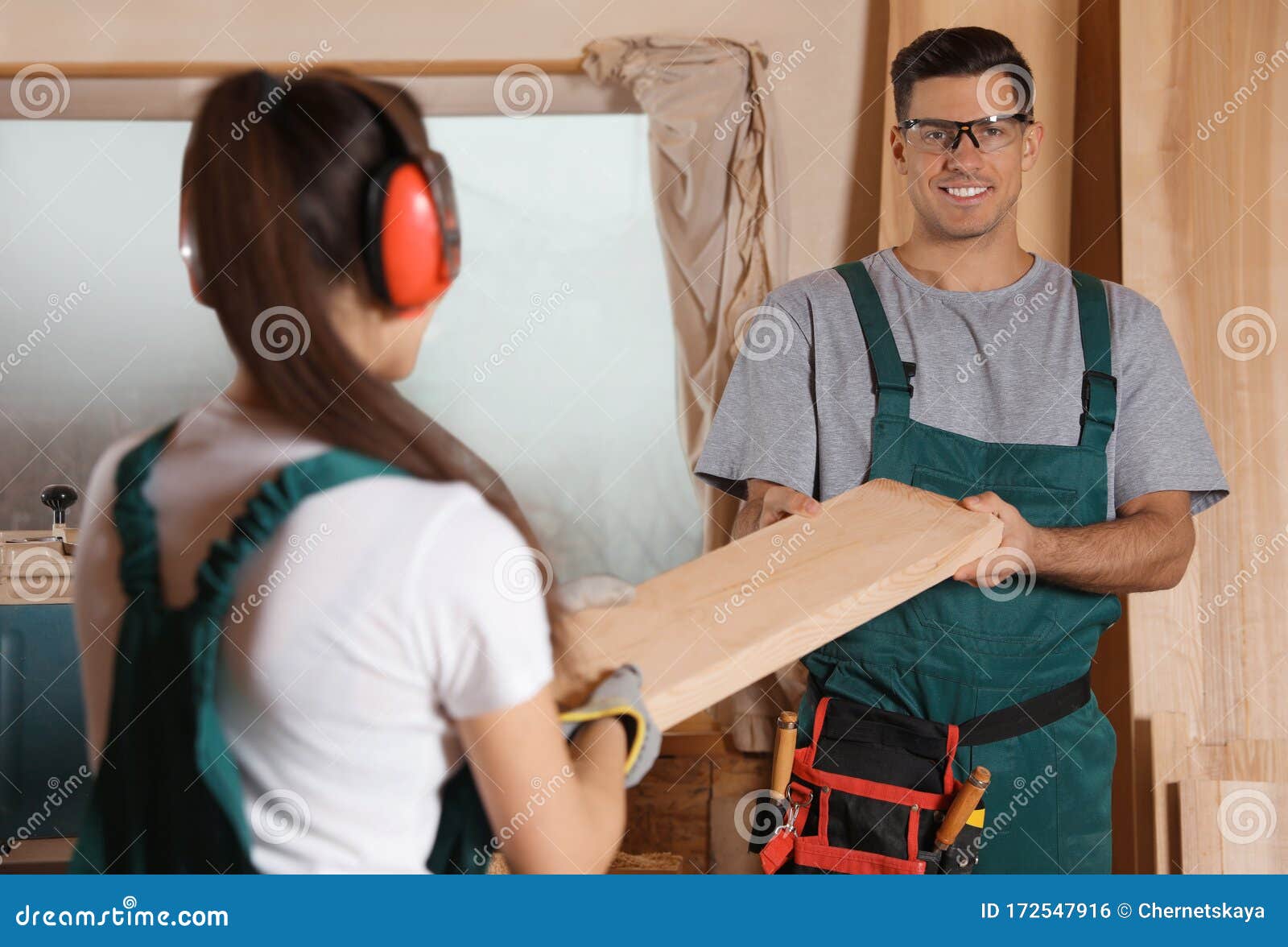 Professional Carpenters with Plank in Workshop Stock Photo - Image of ...