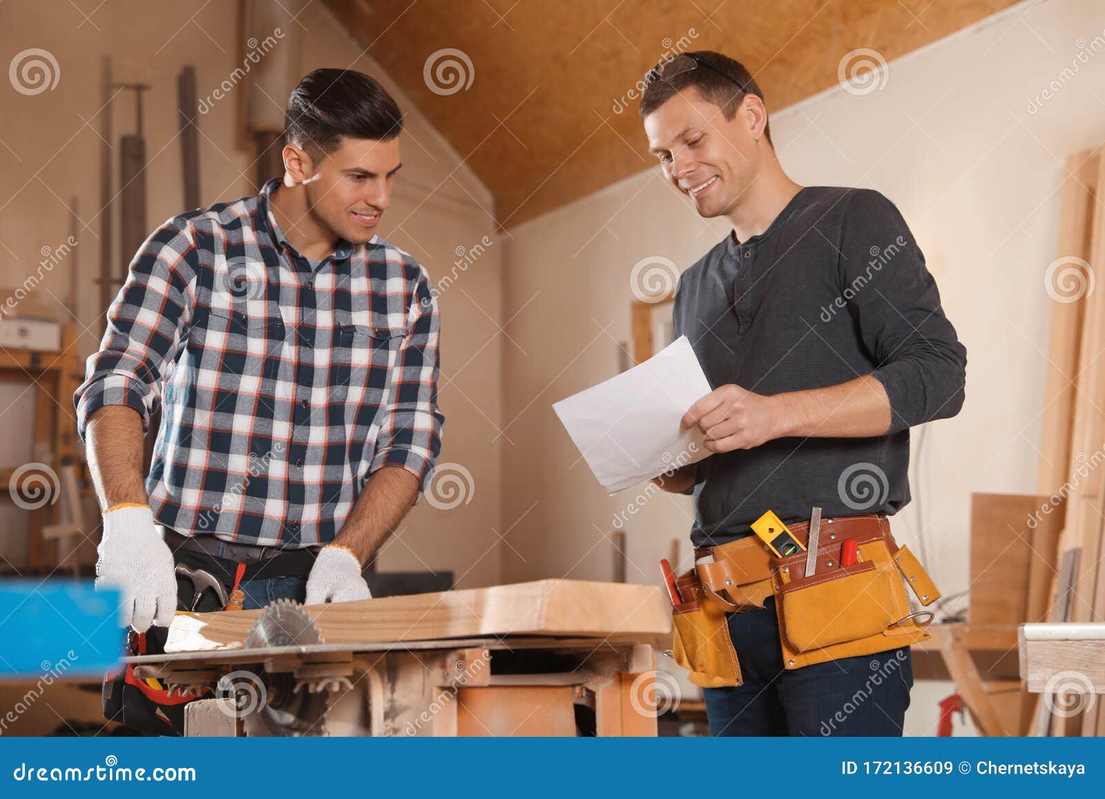 Professional Carpenters Working with Draft Stock Image - Image of ...