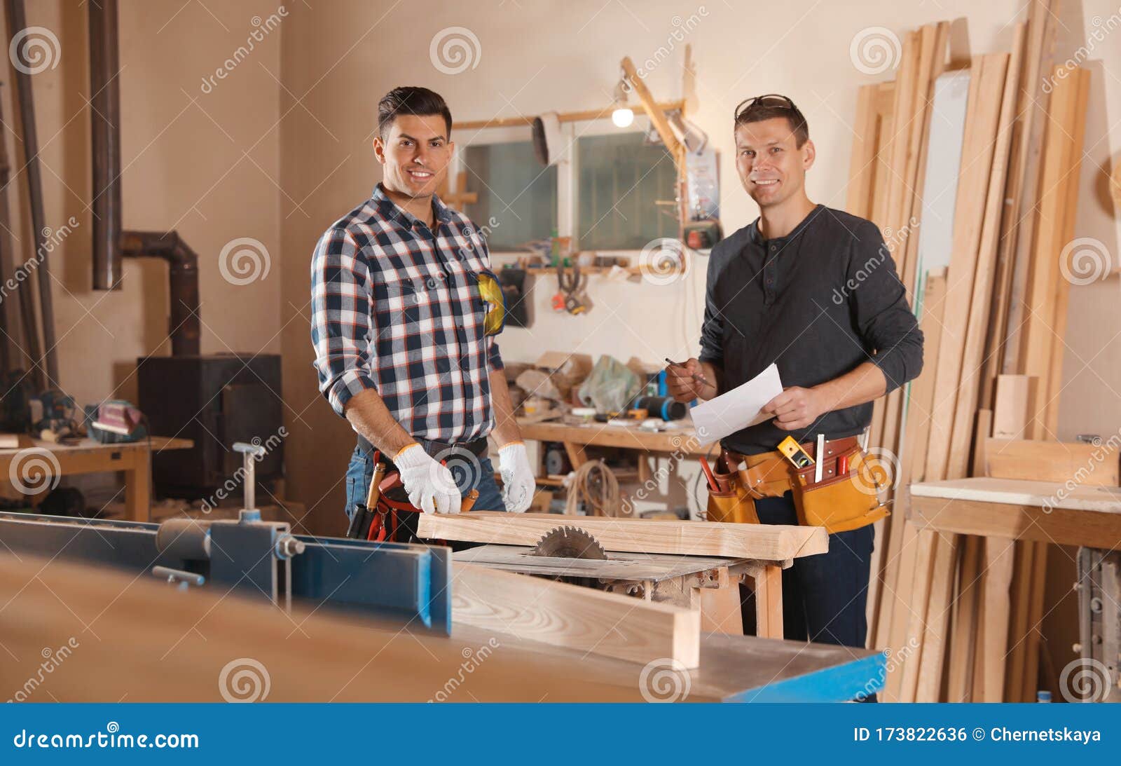 Carpenters Working with Draft in Workshop Stock Photo - Image of craft ...