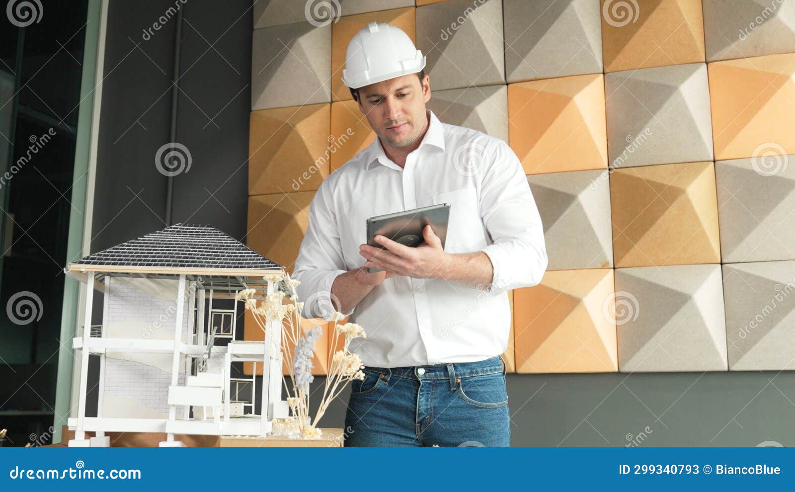 Smart Architect Engineer Using Tablet Analysis House Construction ...