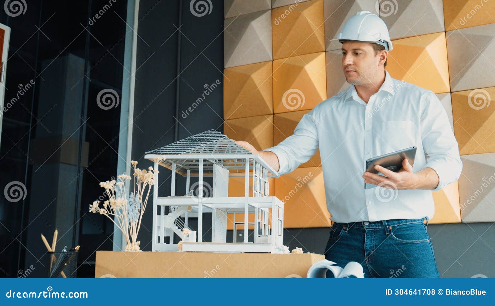 Smart Architect Engineer Using Tablet Analysis House Construction ...