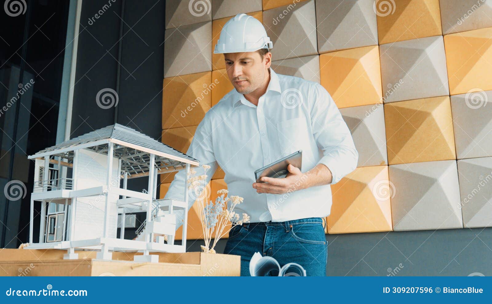 Smart Architect Engineer Using Tablet Analysis House Construction ...