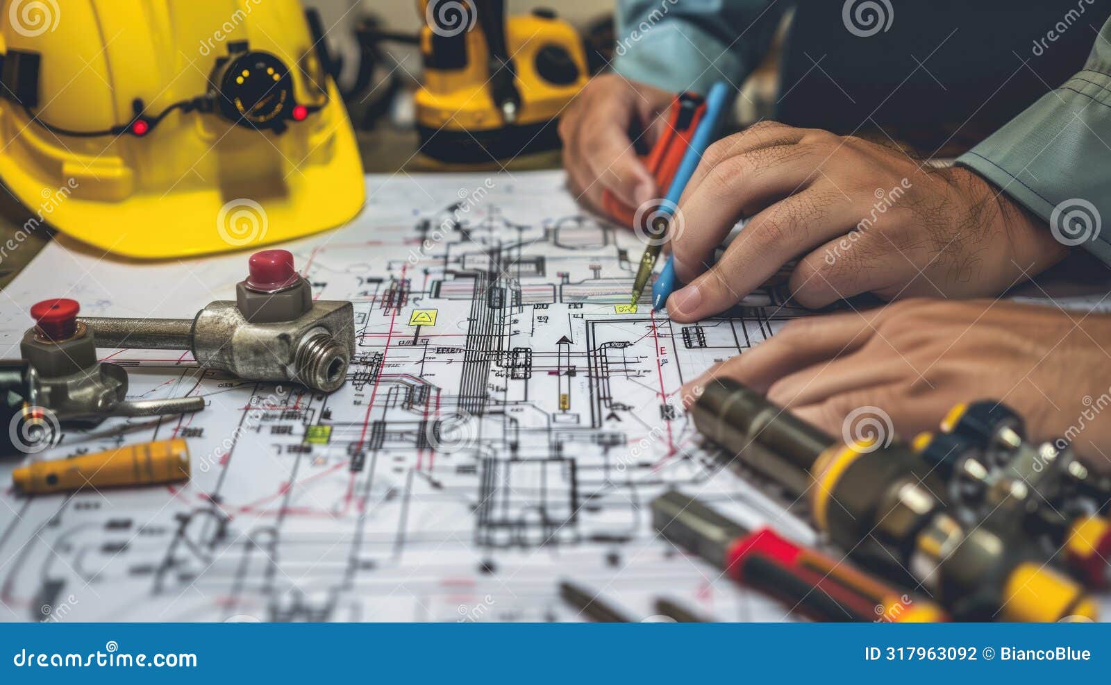 Professional Caucasian Civil Engineer Measuring and Drawing Blueprint ...