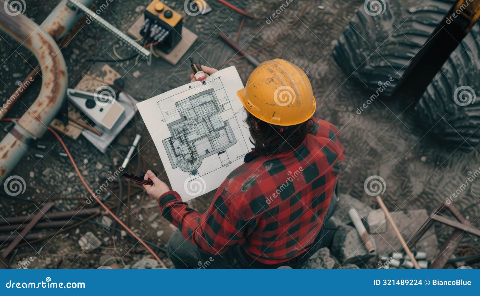 Professional Caucasian Civil Engineer Measuring and Drawing Blueprint ...