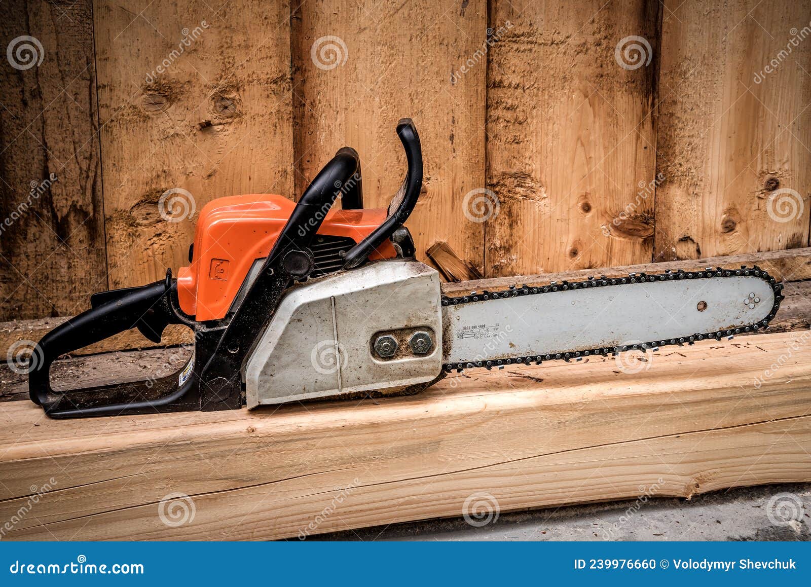 Professional Chainsaw on Board Background Stock Photo - Image of ...