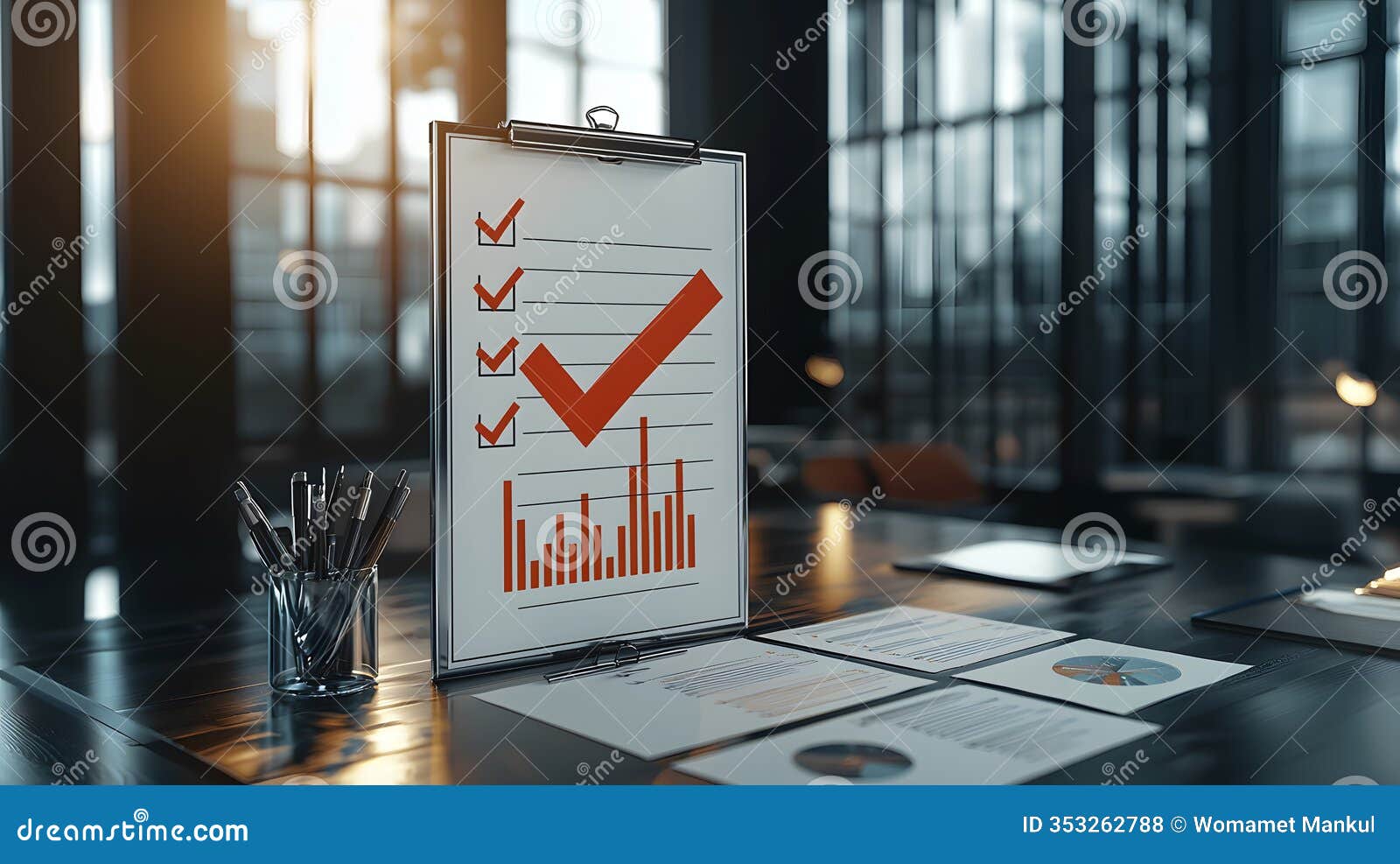 Professional Checklist with Red Checkmark in Modern Office Setting ...