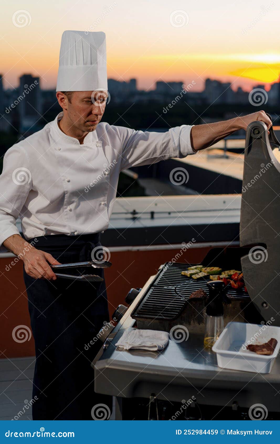 Professional Chef Cooking Bbq on Rooftop at Sunset Stock Image - Image ...