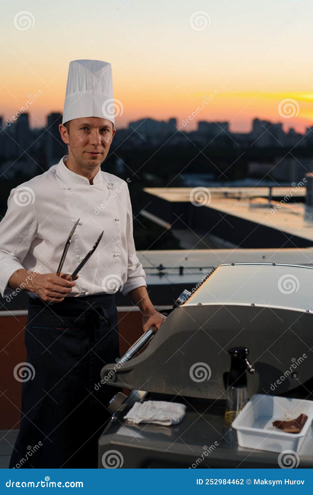 Professional Chef Cooking Bbq on Rooftop at Sunset Stock Photo - Image ...