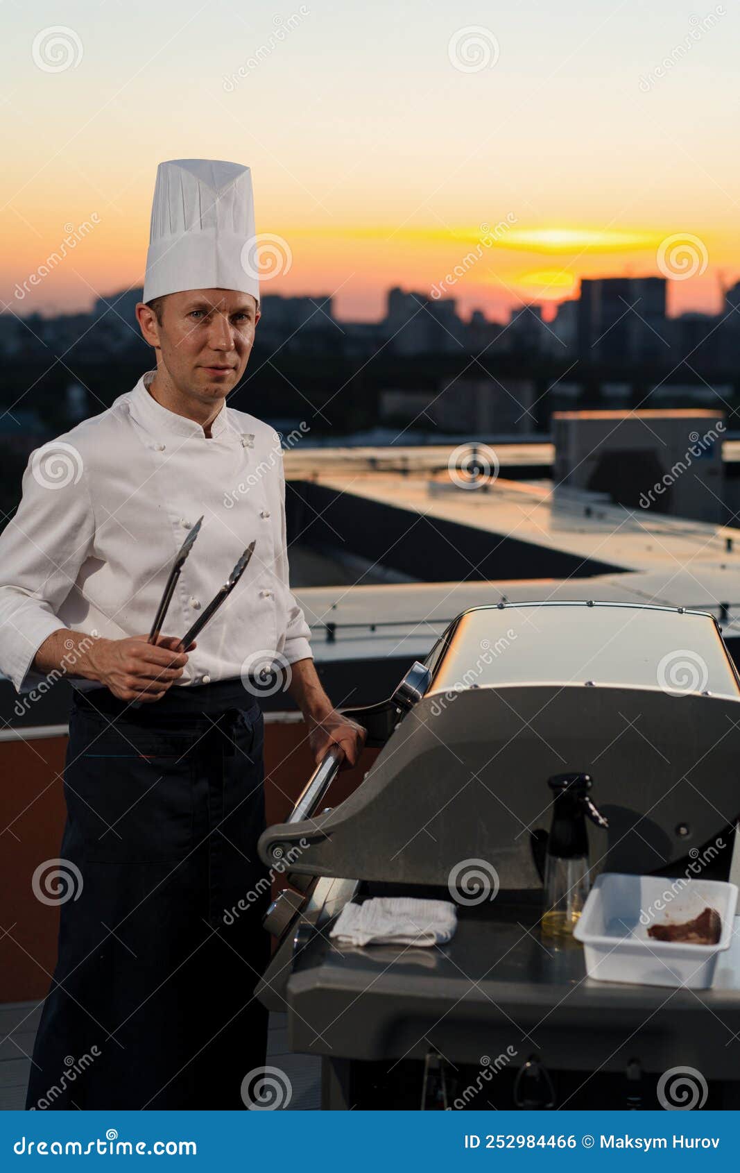 Professional Chef Cooking Bbq on Rooftop at Sunset Stock Photo - Image ...