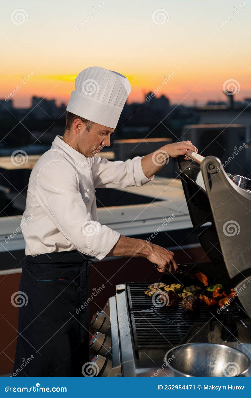 Professional Chef Cooking Bbq on Rooftop at Sunset Stock Image - Image ...