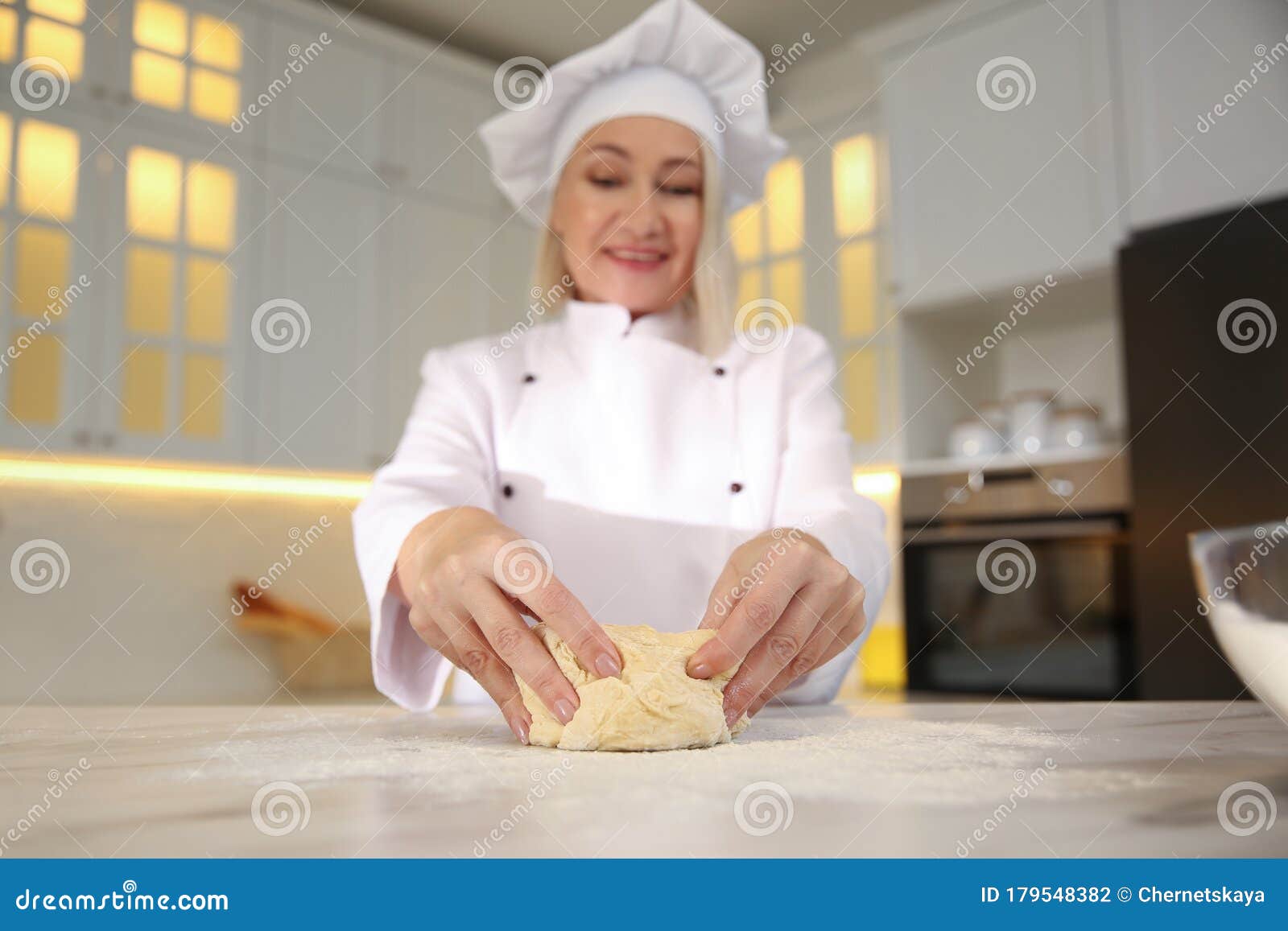 Professional Chef Cooking Dough at Table, Focus on Hands Stock Photo ...
