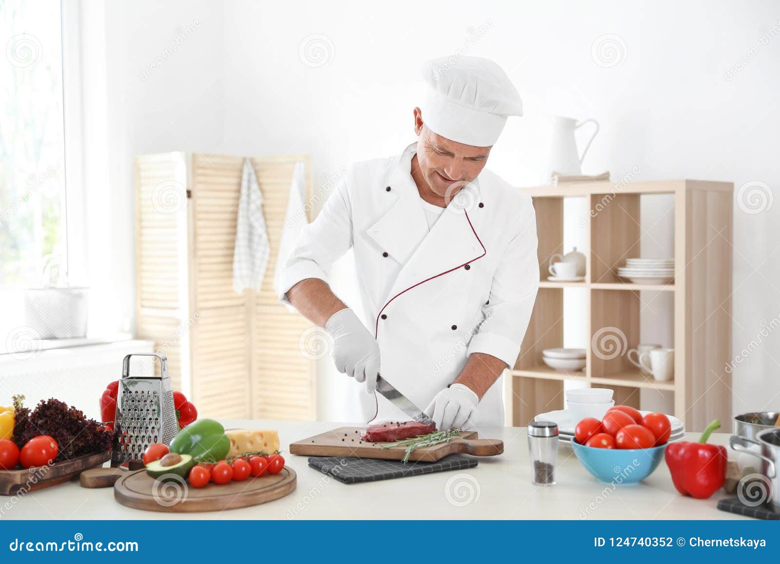 Professional Chef Cutting Meat on Table Stock Photo - Image of cutting ...