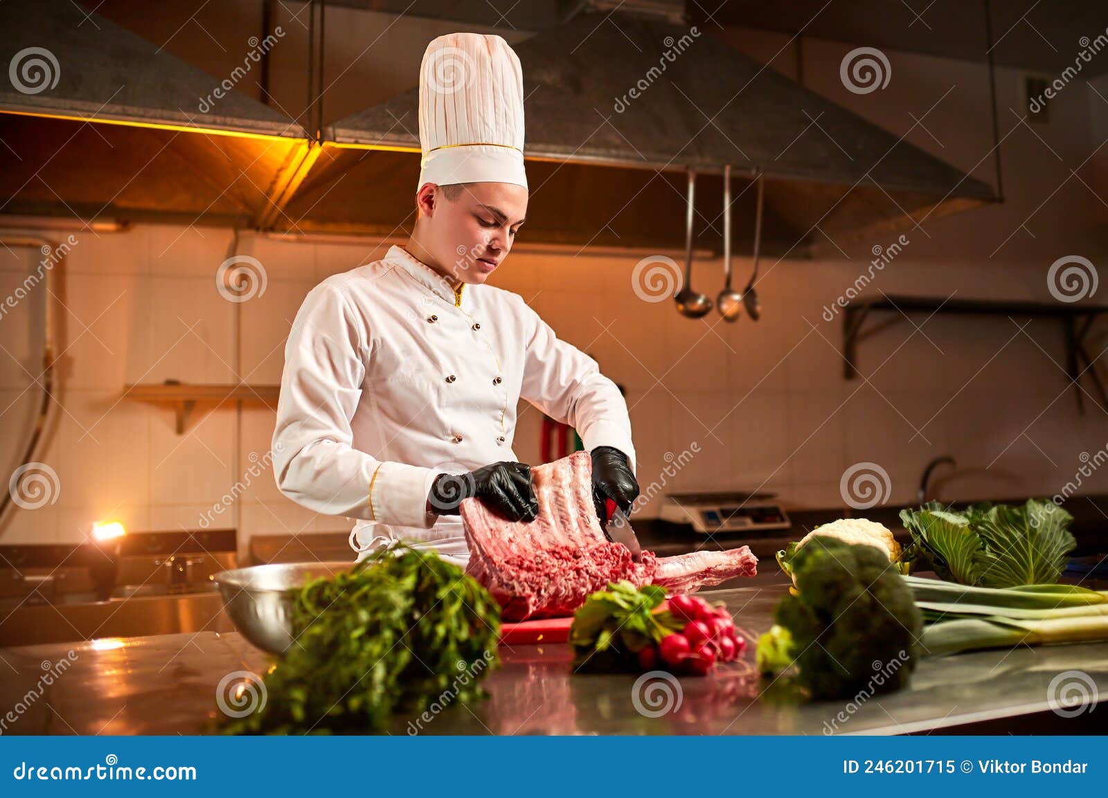 Professional Chef Cutting Raw Bbq Beef Ribs on the Background of ...