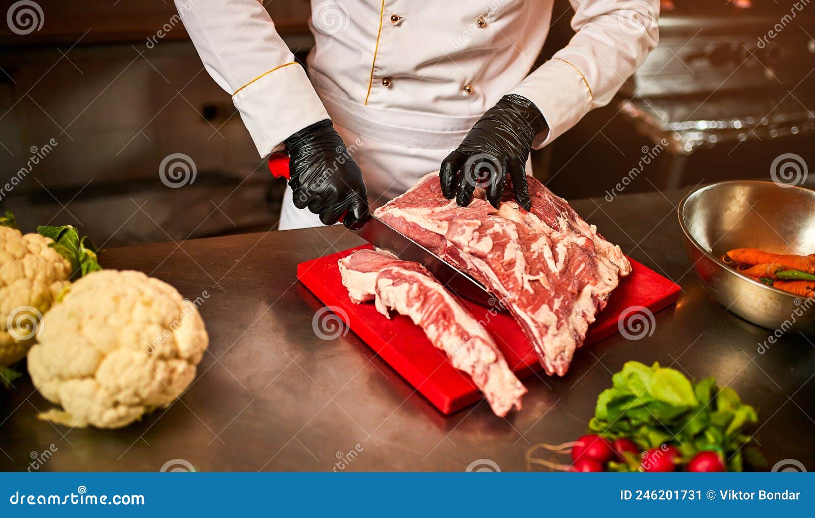 Professional Chef Cutting Raw Bbq Beef Ribs on the Background of ...