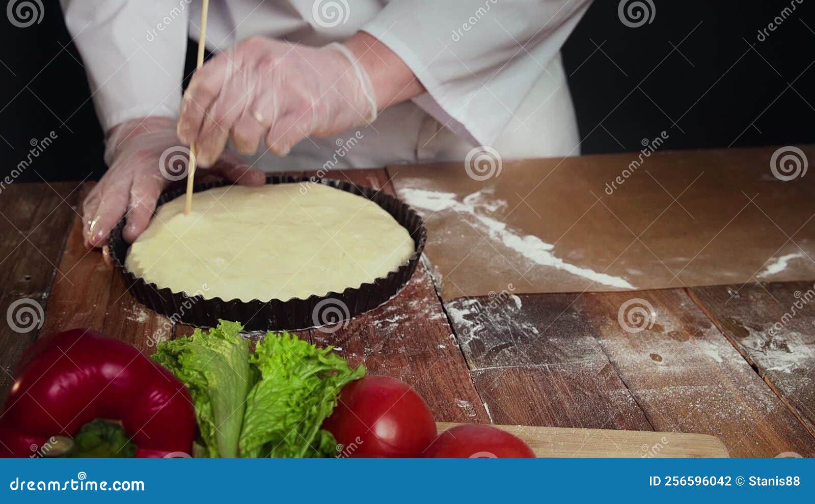 Professional Chef Makes Pie, he Pierced it with a Wooden Stick Stock ...
