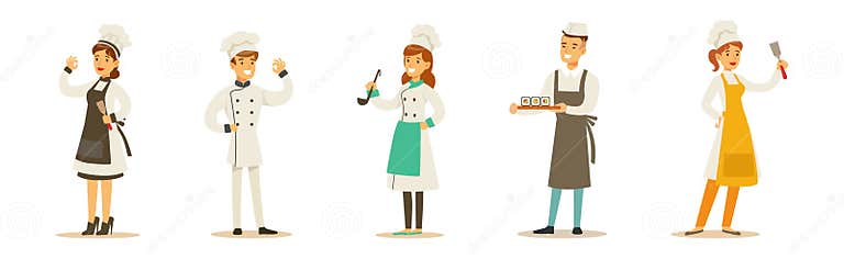 Professional Chef Man And Woman Character Stand In Uniform Vector Set