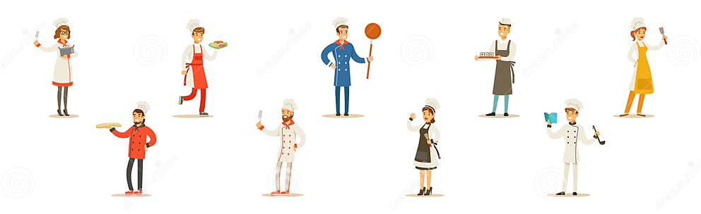 Professional Chef Man And Woman Character Stand In Uniform Vector Set