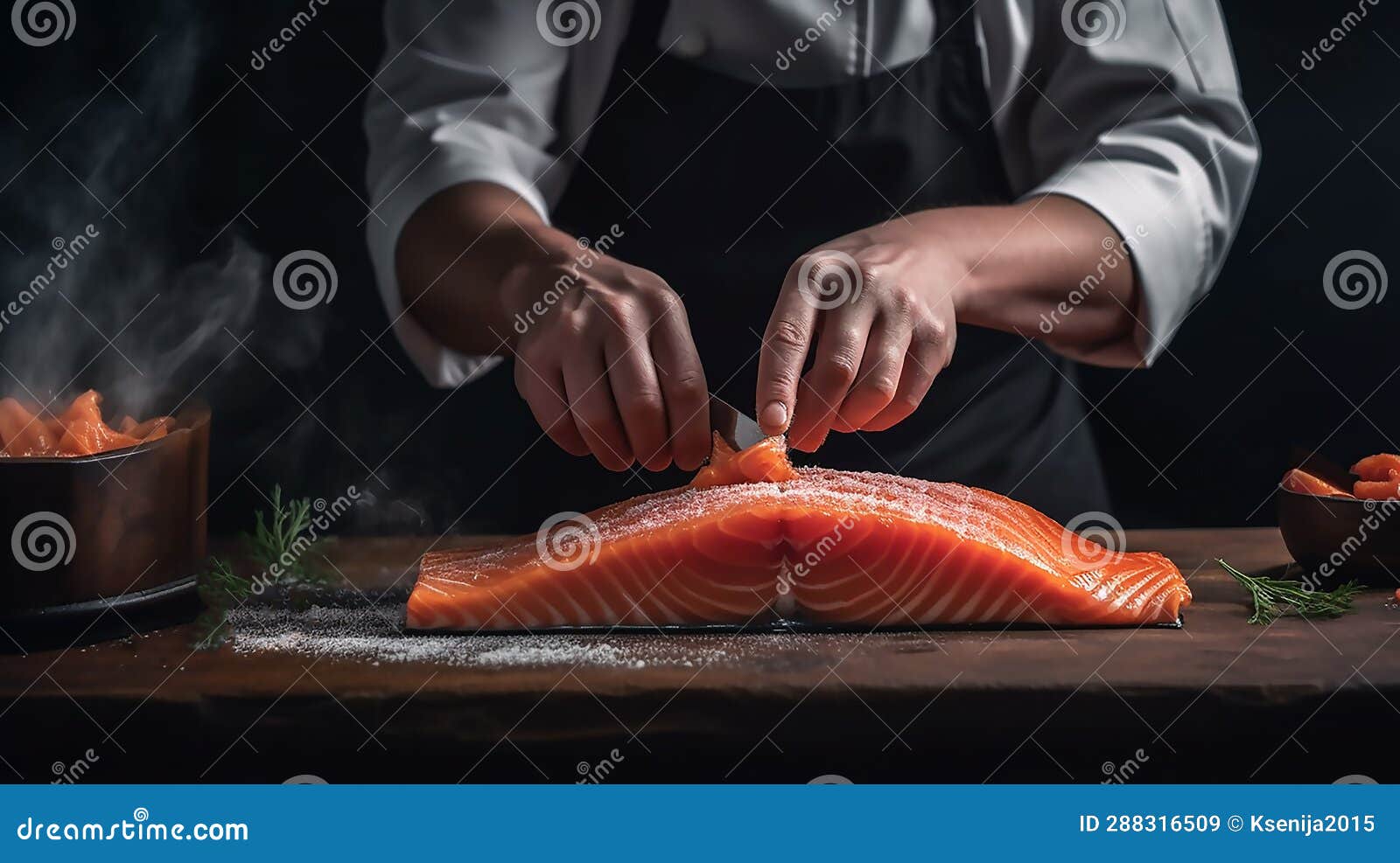 Professional Chef Prepares Pieces of Red Fish Salmon Stock Illustration ...