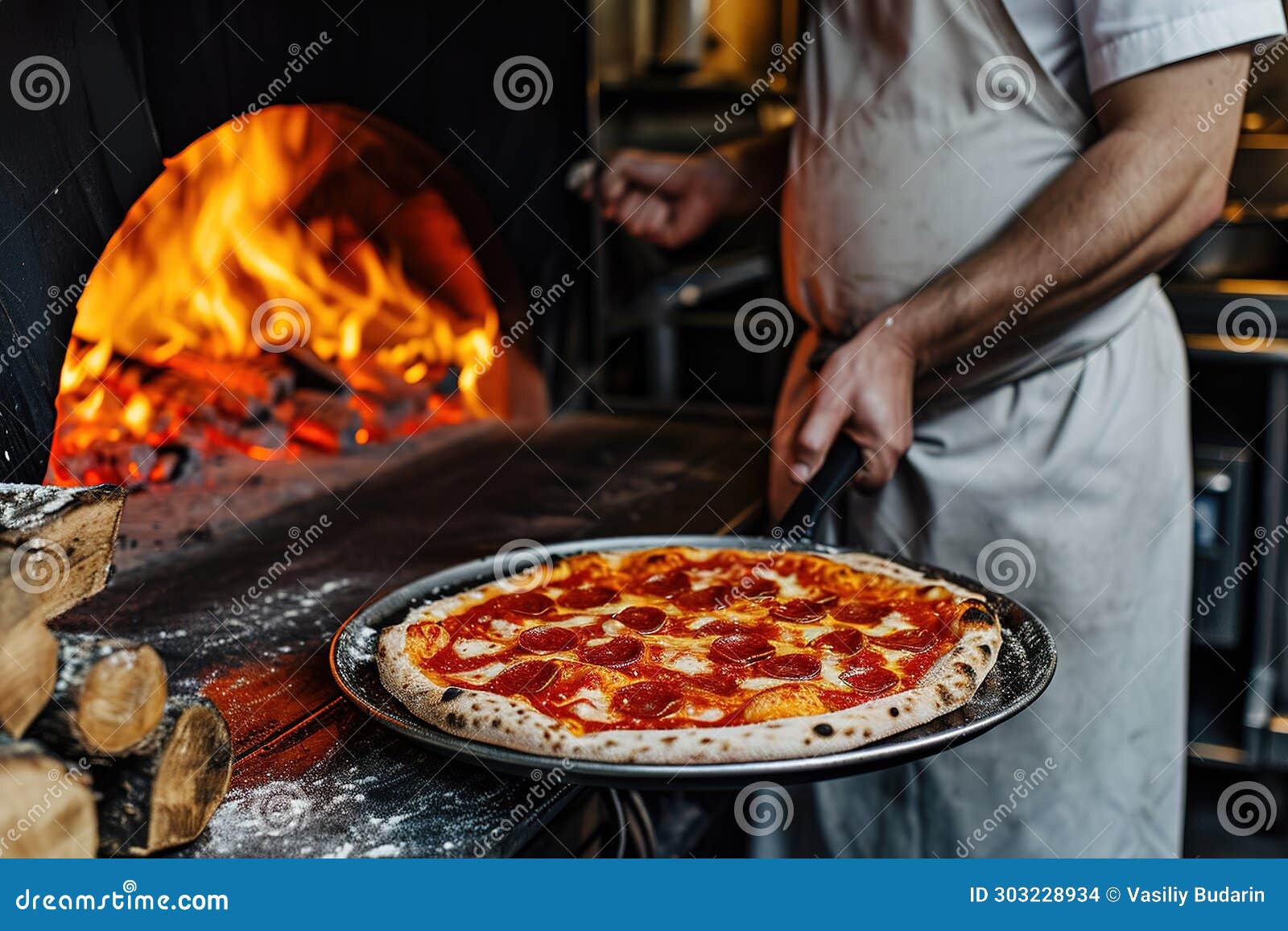 A Professional Chef Takes Pepperoni Pizza Out of the Oven. Stock Photo ...