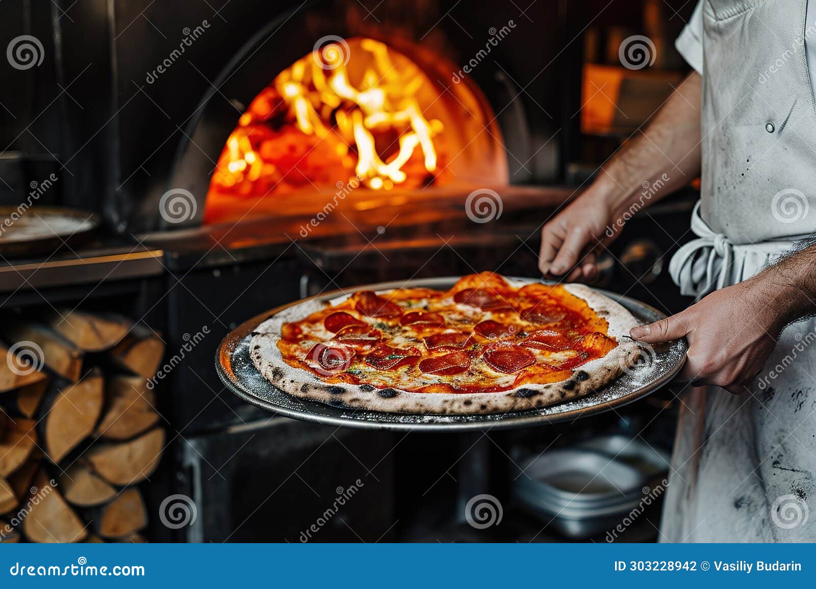 A Professional Chef Takes Pepperoni Pizza Out of the Oven. Stock Photo ...