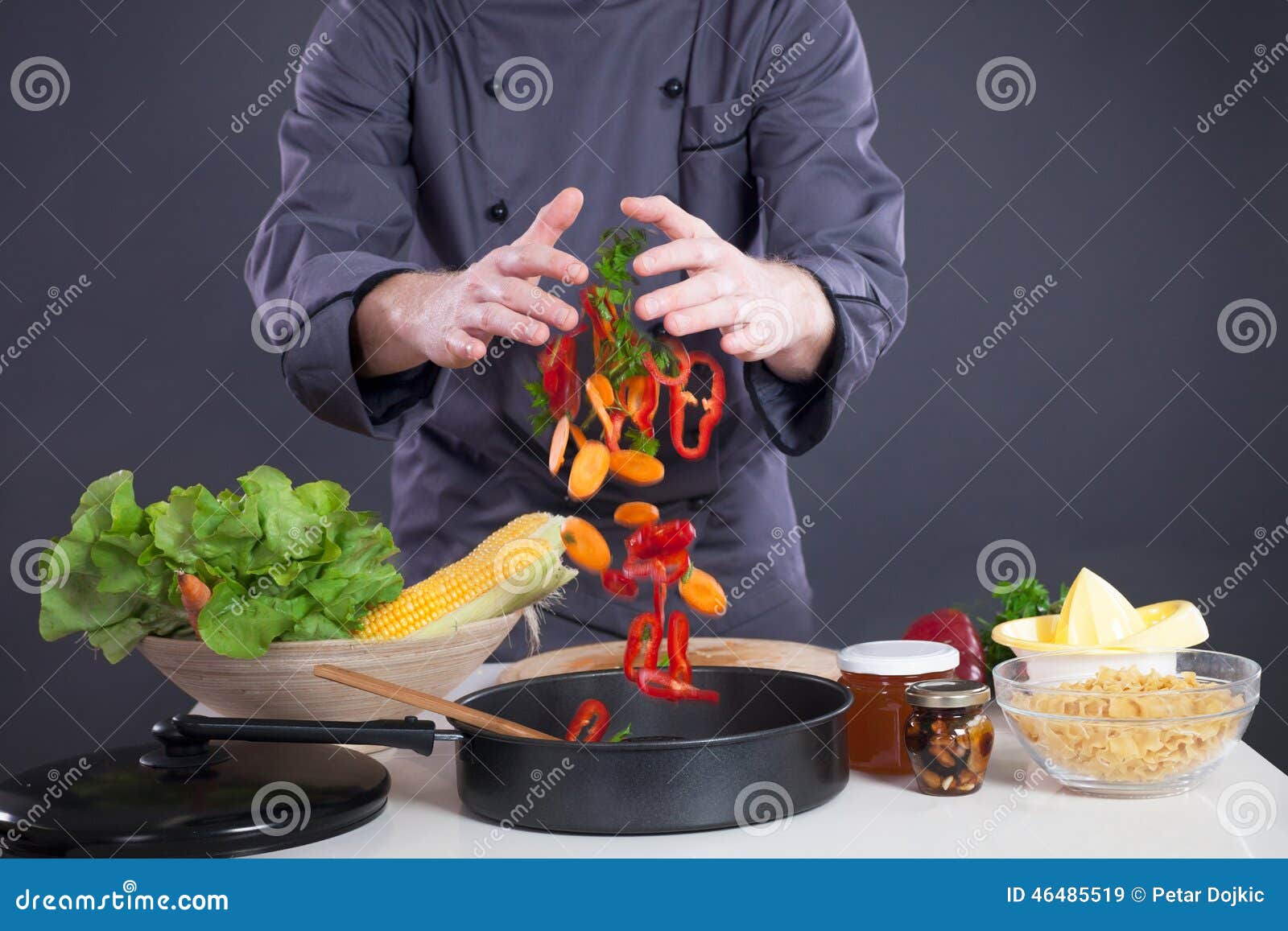Professional Chef Throws Food in the Pan Stock Image - Image of ...