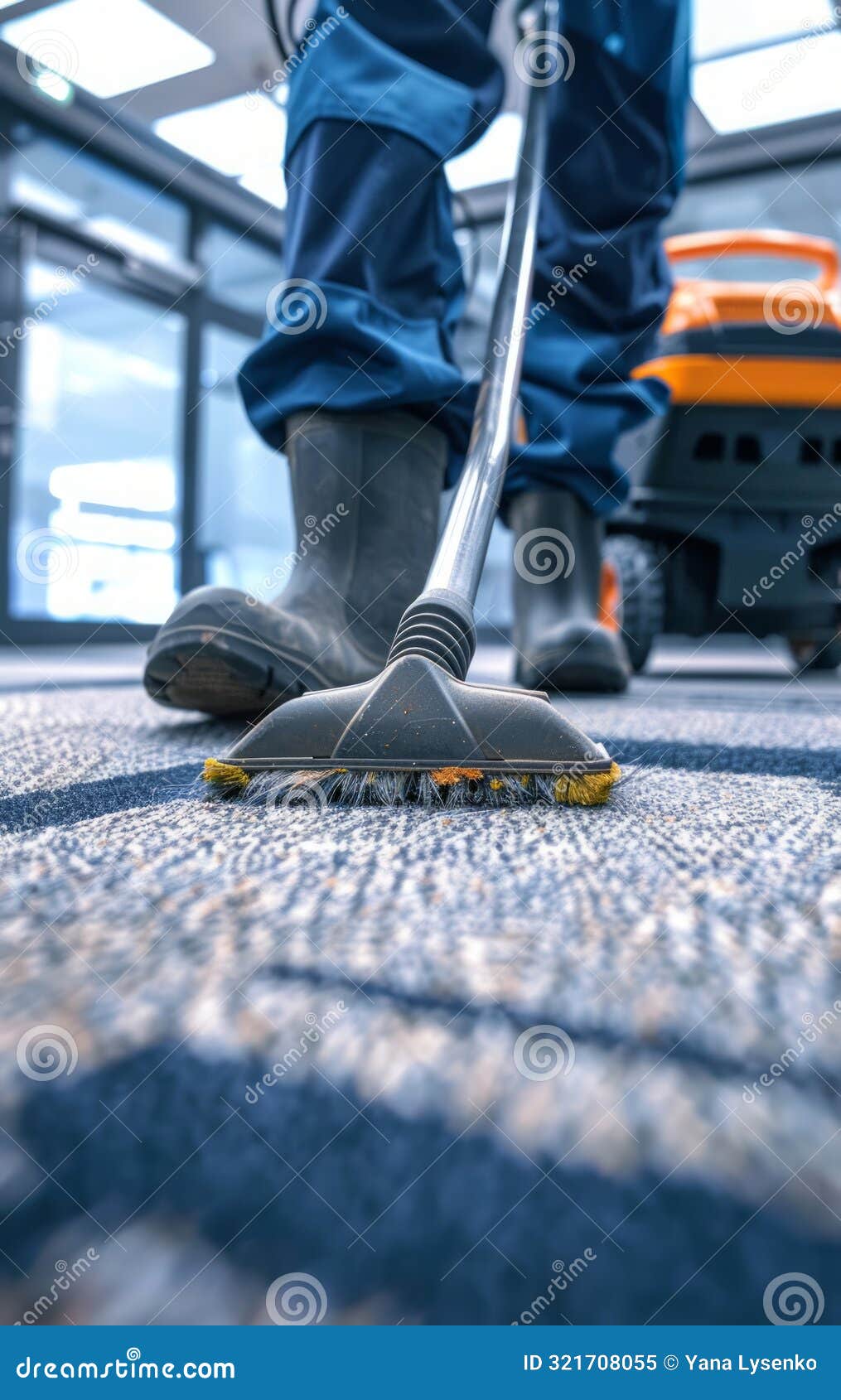 Professional Cleaner Using a Floor Scrubber on Office Carpet. Worker ...