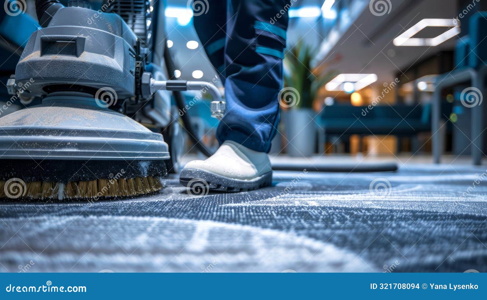 Professional Cleaner Using a Floor Scrubber on Office Carpet. Worker ...