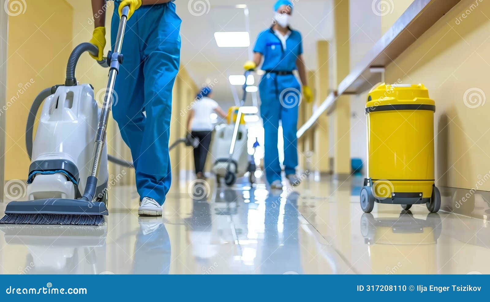 Professional Cleaners Using Vacuum In Spacious Office With Employees In ...