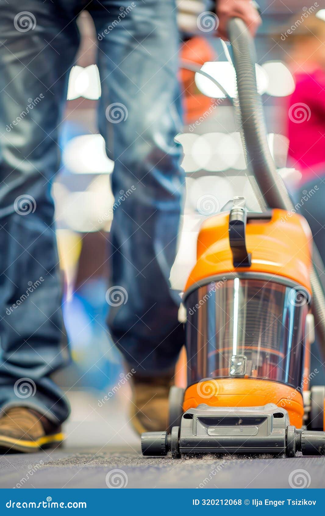 Professional Cleaning Crew Using Vacuum in Busy Office Building with ...